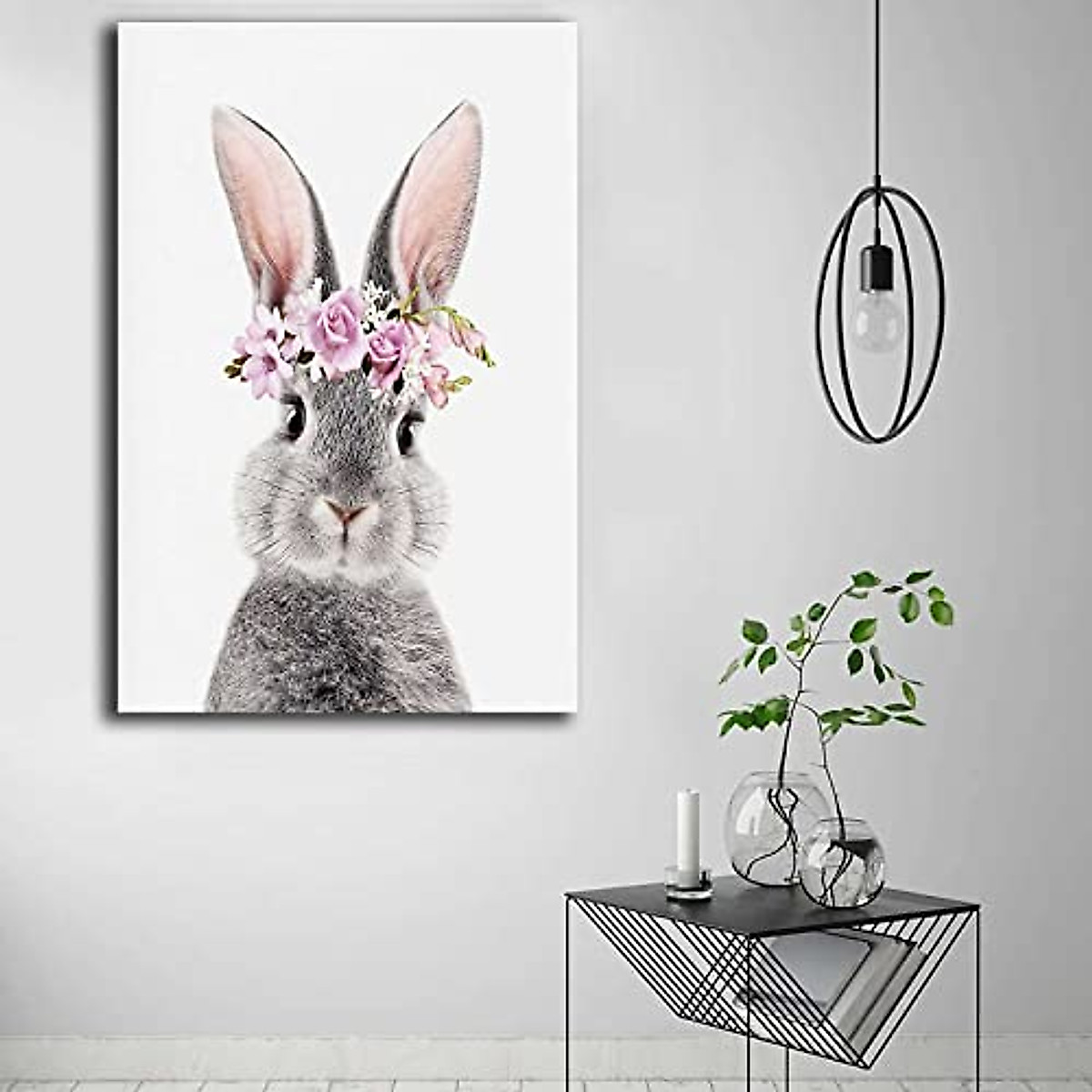 Canvas Painting Posters and Print Bunny Print Nursery Rabbit Bunny Portrait Easter Bunny Wall Art Bunny With Flower Crown Bunny Art Bunny With Flowers Kitchen Dining Room Wall Decor 16x24inch-without Frame