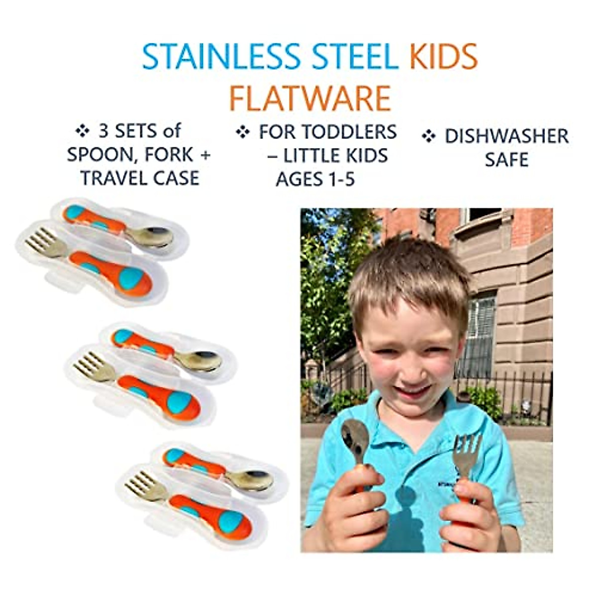 Kids Utensils Toddler Silverware Set x 3 - Stainless Steel Fork Spoon with Travel Case. Metal Cutlery for 1 2 3 4 years old Baby Boy Girl, Round Handle for Lunch-Box, 6 Pieces Orange Blue
