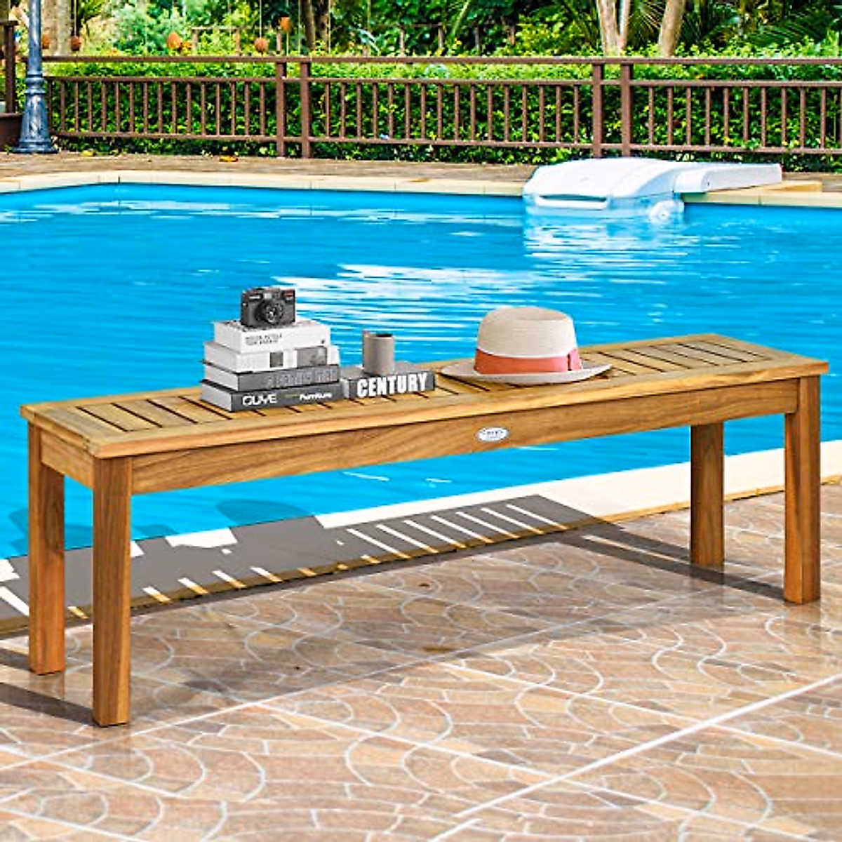 Tangkula 52 Inches Acacia Wood Outdoor Bench, Wood Bench for Dining Room Entryway Poolside Garden, Patio Backless Dining Bench with Slatted Seat, Ideal for Outdoors & Indoors (1, Teak)