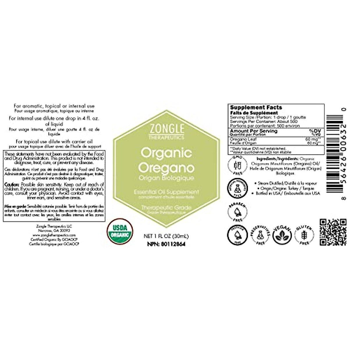 Zongle USDA Certified Organic Oregano Essential Oil, Safe to Ingest, Origanum Minutiflorum, 1 OZ