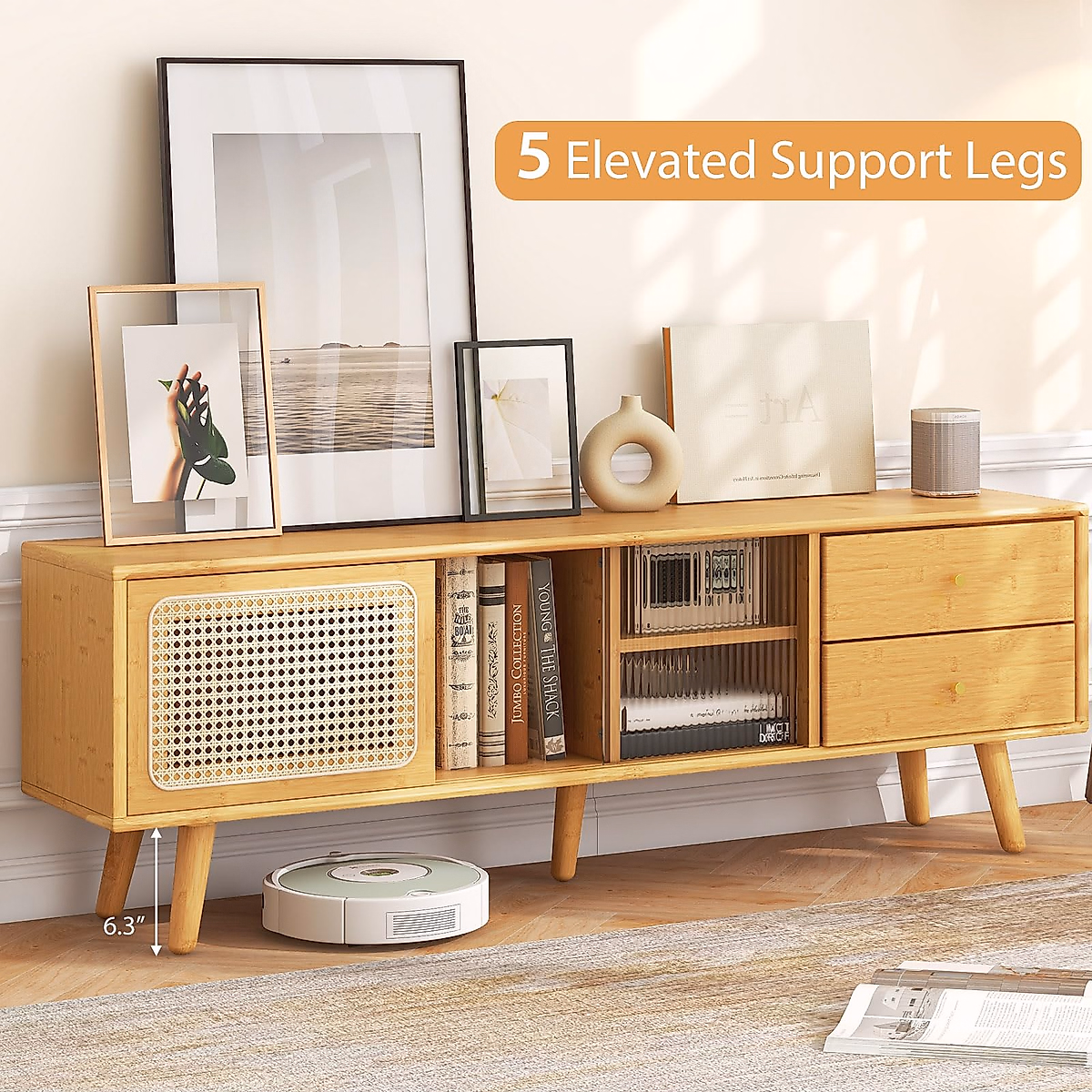 Tangkula Mid Century Modern TV Stand for TVs up to 65", Bamboo Entertainment Center w/Glass & PE Rattan Sliding Doors, 2 Drawers, Adjustable Shelf, Wood Legs, Media Console for Living Room