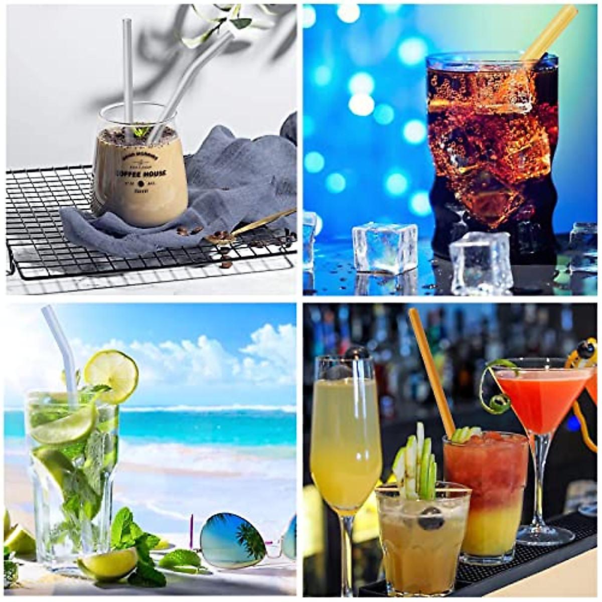 JASHII Reusable Glass Straws, 7.87"×0.3" Clear Smoothie Drinking Straws with Clean Brush, Black Travel Case for Beverages, Shakes, Milk Tea, Juices, Cocktail, 4 bent, 4 straight - Lavender