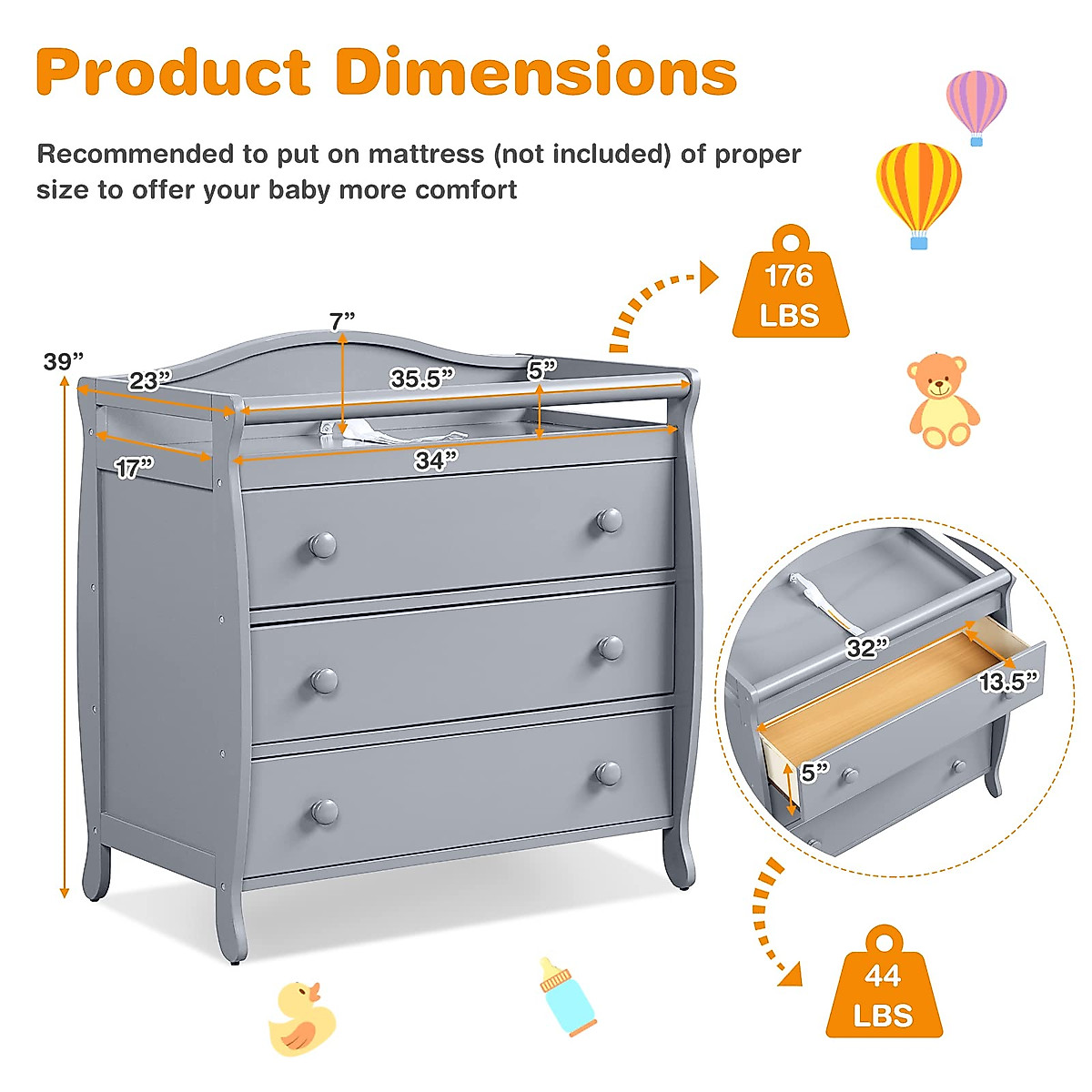 Costzon 3-Drawer Changing Table, Infant Diaper Changing Station with Drawers, Safety Rails & Strap, Baby Changing Table Dresser for Nursery, Easy Assembly (Gray)