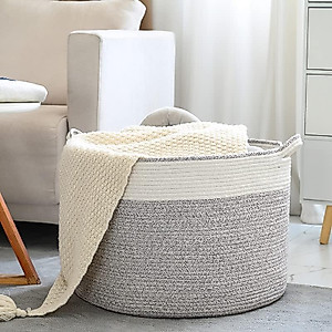 miberte Large Cotton Rope Basket-Throw Blanket Storage Basket 22" x 22" x 14" for Pillows in Living Room Woven Baby Laundry Basket with Handle,Nursery Basket Soft Toy Storage Basket Brown & White