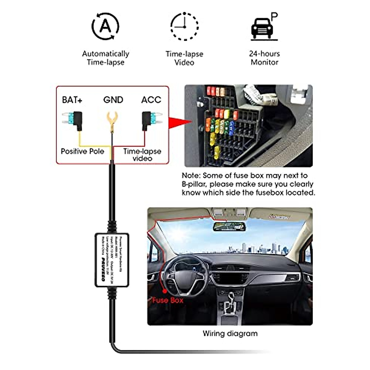 PRUVEEO Dash Cam Hardwire Kit, Type-C Hard Wire Kit Fuse Only for J40 Mirror Dashcam, Pruveeo 12V-30V to 5V/2A Type-C Port Charger Power Cord, Gift 8 Fuse Tap Cable and Installation Tool (11.5ft