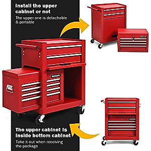 Goplus 6-Drawer Rolling Tool Chest, 3-in-1 Tool Box Organizer w/ Auto Locking System & Lockable Wheels & Sliding Drawers & Detachable Top, Tool Storage Cabinet for Garage Workshop, Red