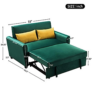 Couch with Pull Out Bed, Sleeper Couch Small Velvet Sofa with 2 Seats Sofa and Reversible Chaise, for Living Room Bedroom Small Space, 2 Lumbar Pillows, Compact, Green