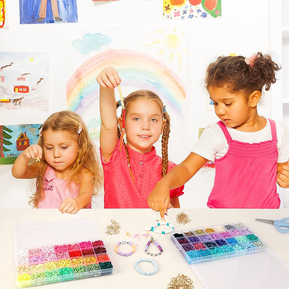 QUEFE 14420pcs Clay Beads for Bracelet Making Kit, 56 Colors Spacer Heishi Beads Flat Round Polymer Clay Beads with Pendant Charms Kits and Elastic Strings