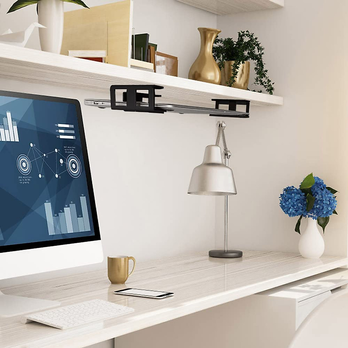 IFCASE Under Desk Laptop Mount, Metal Under Desk Shelf Holder for Laptop, Mac Mini, MacBook, Keyboard with Anti-Scratch Silicone (Black)