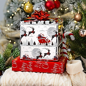 MAYPLUSS Reversible Christmas Wrapping Paper - 17 Inch X 33 Feet - Creative Red Santa Claus Riding a Sleigh Delivering Presents with Metallic Foil Design Winter Gift Wrap Paper for Holiday, New Year