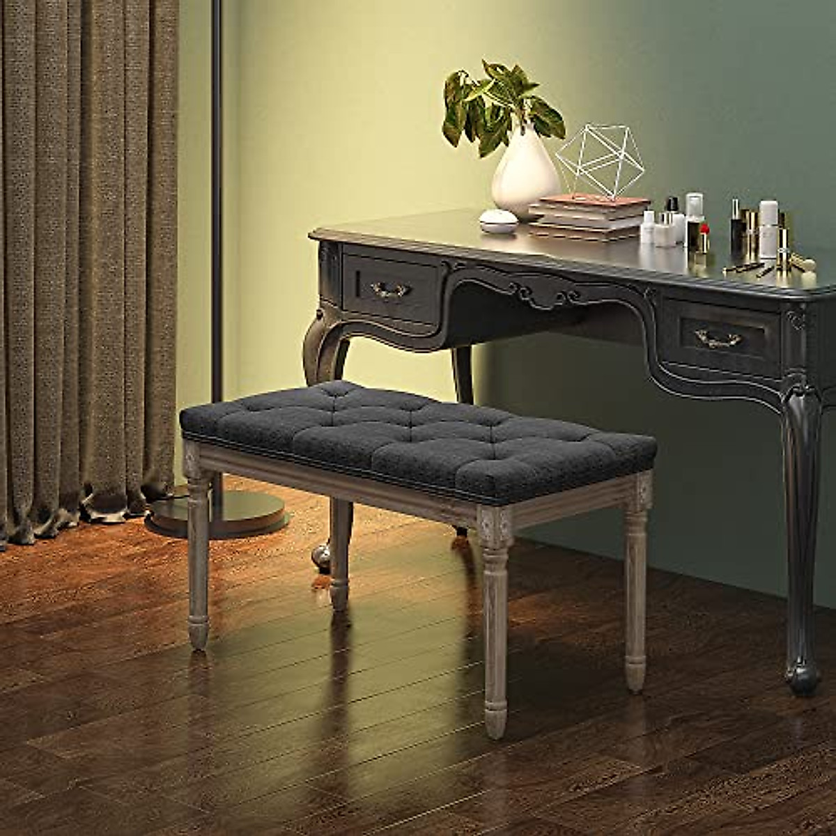 Yusong Upholstered Bench,Bedroom Bench for End of Bed,Piano Bench Dining Bench Entryway Shoe Bench with Button Tufted Padded Seat for Living Room, Vanity Bench Foot-Stool with Carved Wood Legs,Grey