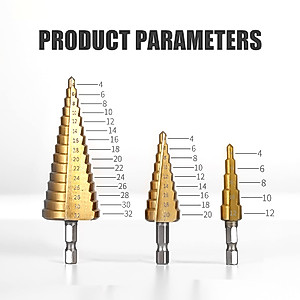 Step Drill Bit Set Metric 3PCS with Bag, Automatic Center Punch (4-12mm/4-20mm/4-32mm), 1/4" Hex Shank Quick Change Titanium Coated High Speed Steel Drill Bits for Copper/Aluminum/Wood/Plastic