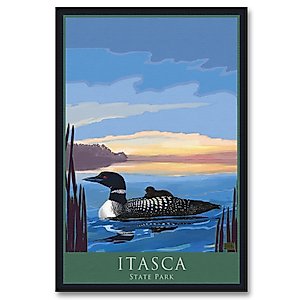Itasca State Park Loon & Chick Professionally Framed Giclee Archival Canvas Wall Art for Home & Office by Artist Joanne Kollman 30" x 45"