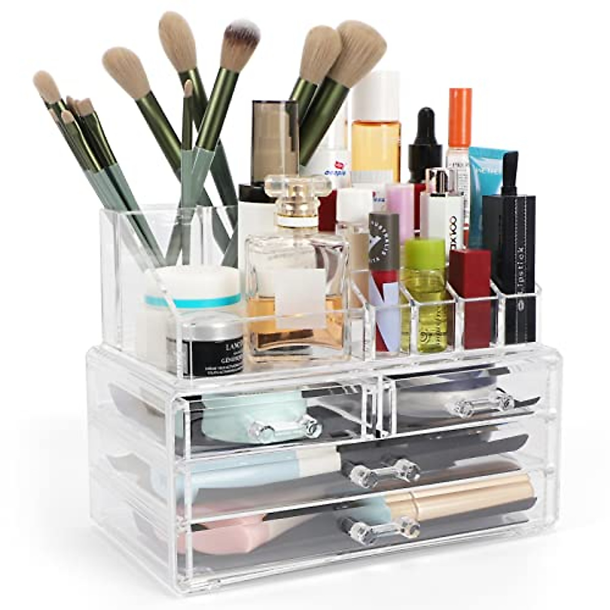 Unaone Clear Cosmetic Storage Organizer, Acrylic Makeup Organizer for Vanity Makeup Storage Organizer Display Cases, Lipstick Holder Organizer Stackable Cosmetic Organizer with 4 Drawers