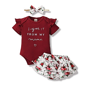 Mioglrie Newborn Baby Girl Clothes Romper Shorts Set Summer Clothes Floral Infant Girl Clothes Ruffle Clothing Wine Red Baby Girl Clothes 3-6 Months