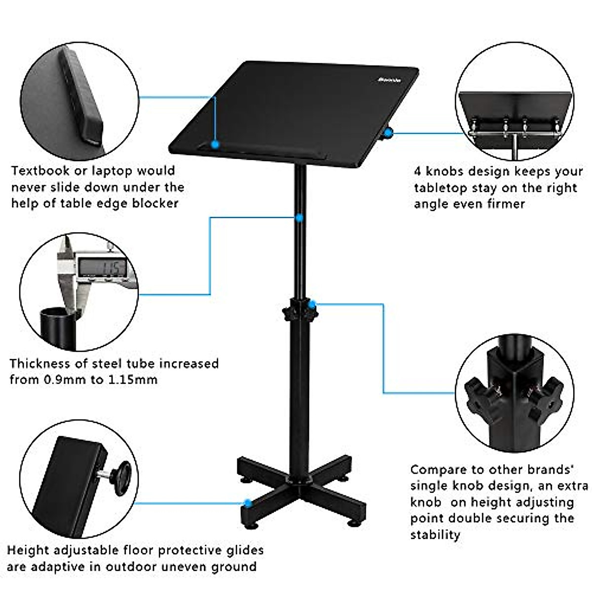 Bonnlo Classic Lectern Stand, Height Adjustable Mobile Podium, Multi-Purpose Tabletop for Speech, Lecture, Church, Reading or Laptop Desk with Edge Stopper, Black