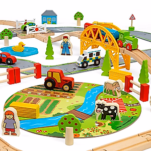 Bigjigs Rail 80 Piece Rural Road and Rail Wooden Train Set - Kids Train Set with 80 Bigjigs Train Accessories incl. Bridges & a Level Crossing for Pretend Play