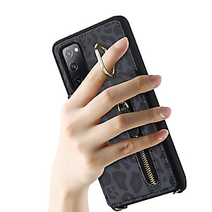 Jaorty for Samsung Galaxy S20 FE 5G Phone Case for Women with Card Holder,Galaxy S20 FE Case Wallet Crossbody Lanyard with Strap,Credit Card Slots Kickstand Case with Ring Holder,6.5",Black Leopard