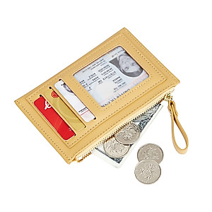 Women's Leather Slim Minimalist Card Holder Case Cute Small Zipper Coin Change Wallet, Yellow