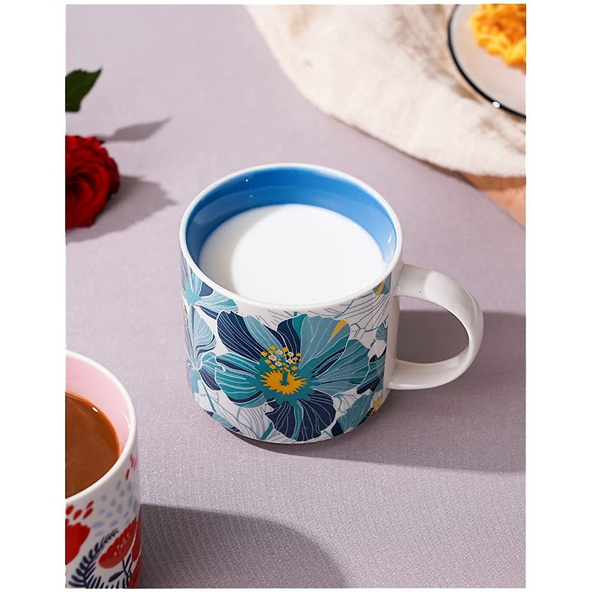 Caalio Ceramic Tea Cup Coffee Mug for Office and Home, Hand Painted with Handles, Vintage Flower Blossom Mug, Dishwasher Microwave Safe, Blue - 15.8oz