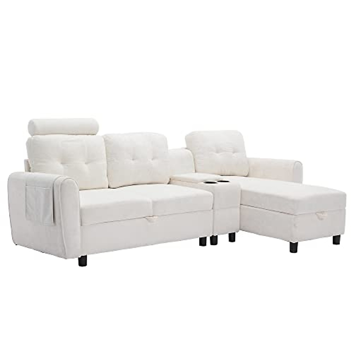 FANYE L-Shaped Corner Sectional Reversible Storage Chaise, Modern Convertible Sofa & Couch W/Headrest and Cupholders for Home Apartment Office Living Room, White Polyester
