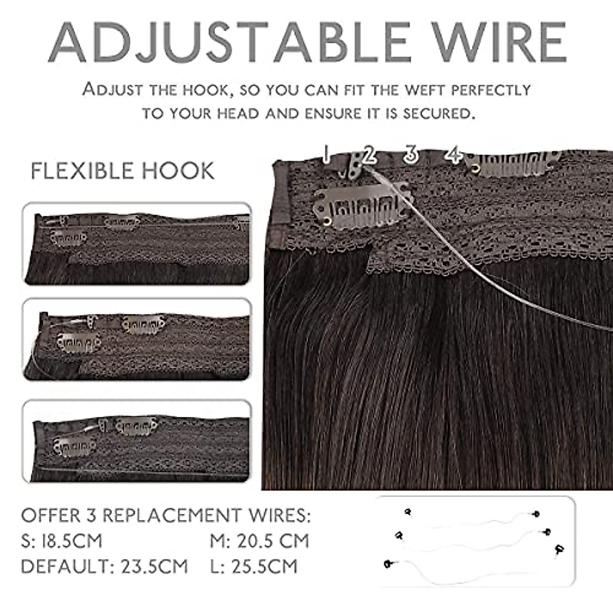 WENNALIFE Wire Hair Extensions (Increase 50% Lifespan) Real Human Hair 14 inch 75g Natural Black Chestnut Brown Remy Hair Extensions Invisible Transparent Wire Hair Extensions Real Hair Extensions