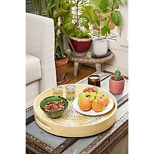 Round seagrass woven tray with handles, bamboo and seagrass tray, handmade decorative tray for table counter piece, coffee table and breakfast tray, wicker fruit basket, , hanging wall basket(14 inch)