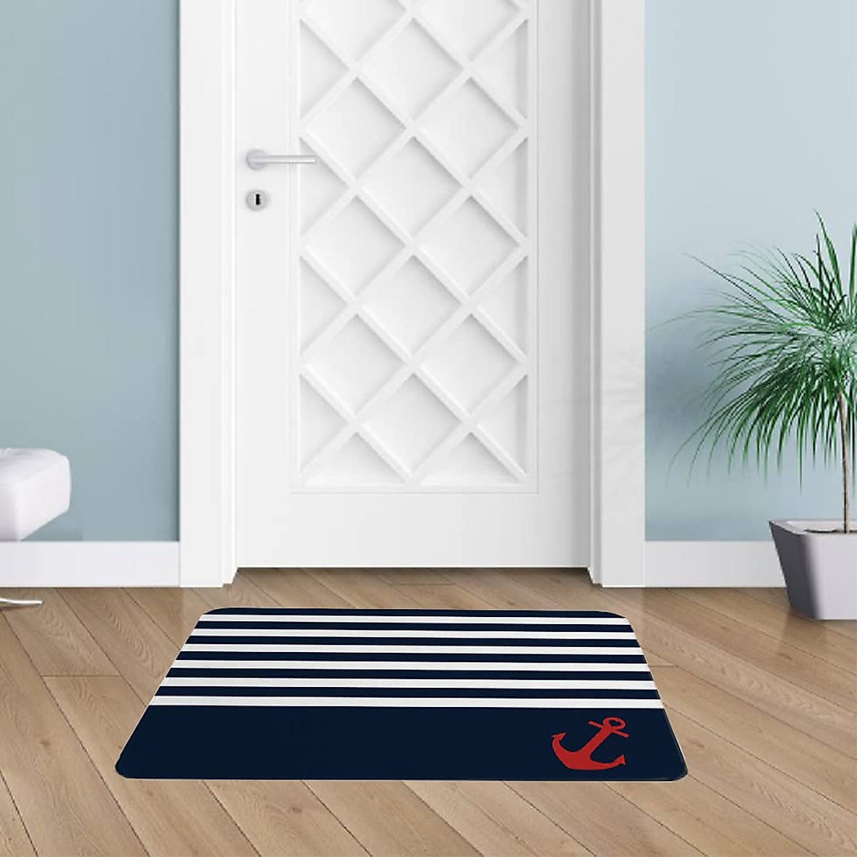 Nautical Anchor Indoor Door Mat, Absorbent Floor Mats Bathroom Rugs, Summer Ocean Coastal Blue White Striped Kitchen Runner Rugs, Non Slip Doormat for Bedroom/Sink/Laundry, 16"x24"