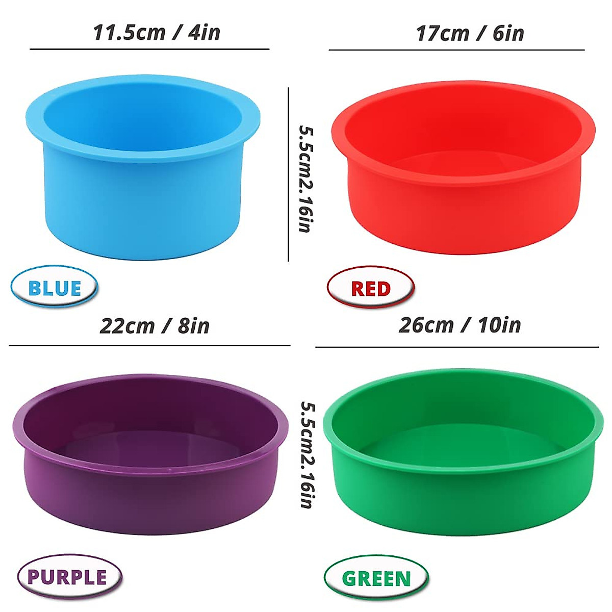 AILEHOPY Silicone Round Cake Pans Set, 4 Pcs (4"/6"/8"/10") extra thick Nonstick Leakproof Round Deep Cheesecake Pans, Layer Baking Pans Cake Tins Set for Birthday Wedding Tier Cake