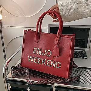Jechin Fashion Large Handbag Enjoy Weekend Letter Pu Leather Tote Bag for Women Girls (Red)