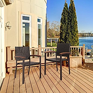 Tangkula 2 Pieces Outdoor PE Wicker Stackable Chairs, Patio Dining Chairs with Solid Acacia Wood Armrests, Indoor Outdoor Bistro Chairs for Garden, Poolside and Backyard (1, Mix Brown)