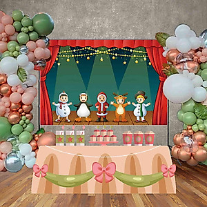 MOONDECO Photography Backdrop 5x3ft Christmas Red Curtain Gold Star Ball Lights Dance Stage Background Children Wood Plank Floor Party Photo Booth