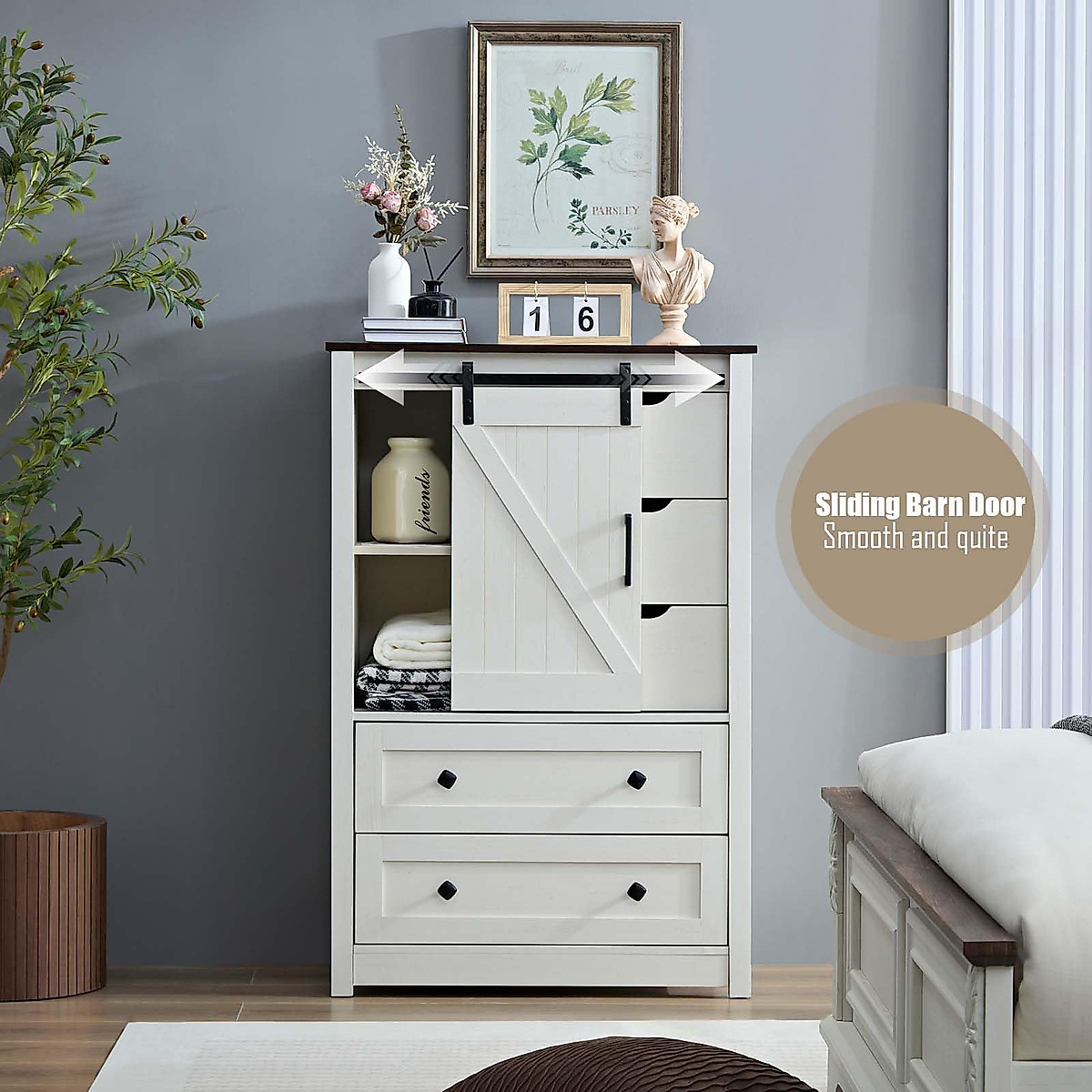 BLANKSPACE White Dresser for Bedroom with 5 Drawers, Rustic Wood Dressers with Sliding Barn Door, Farmhouse Dresser for Bedroom, Dining Room, Hallway, Antique White