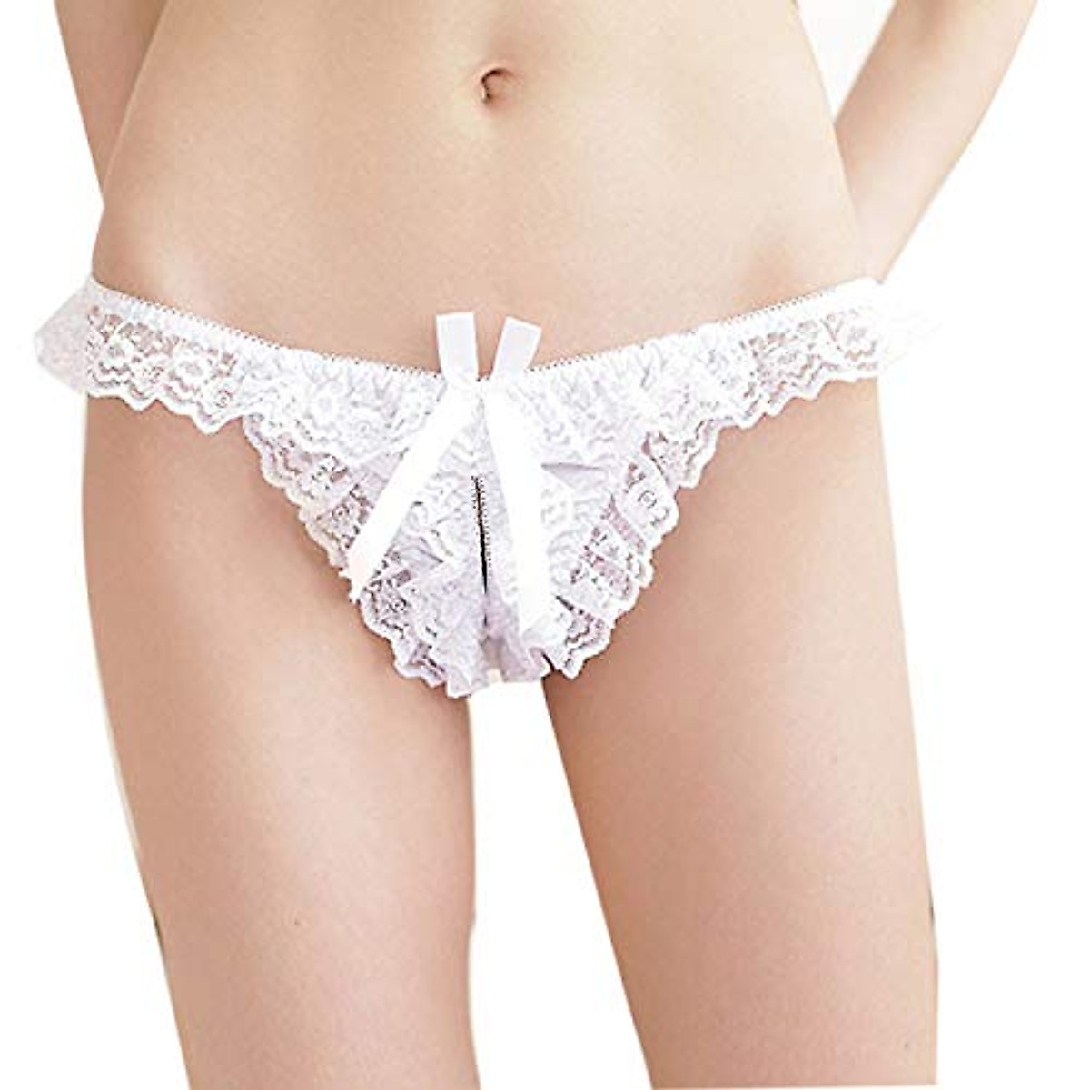 Toxz Sexy Lace Bow Thong Floral Lace Satin Embroidered Crotchless,G-String T-Back Panty Open Side Women Underwear,Plunging Eyelash,Black