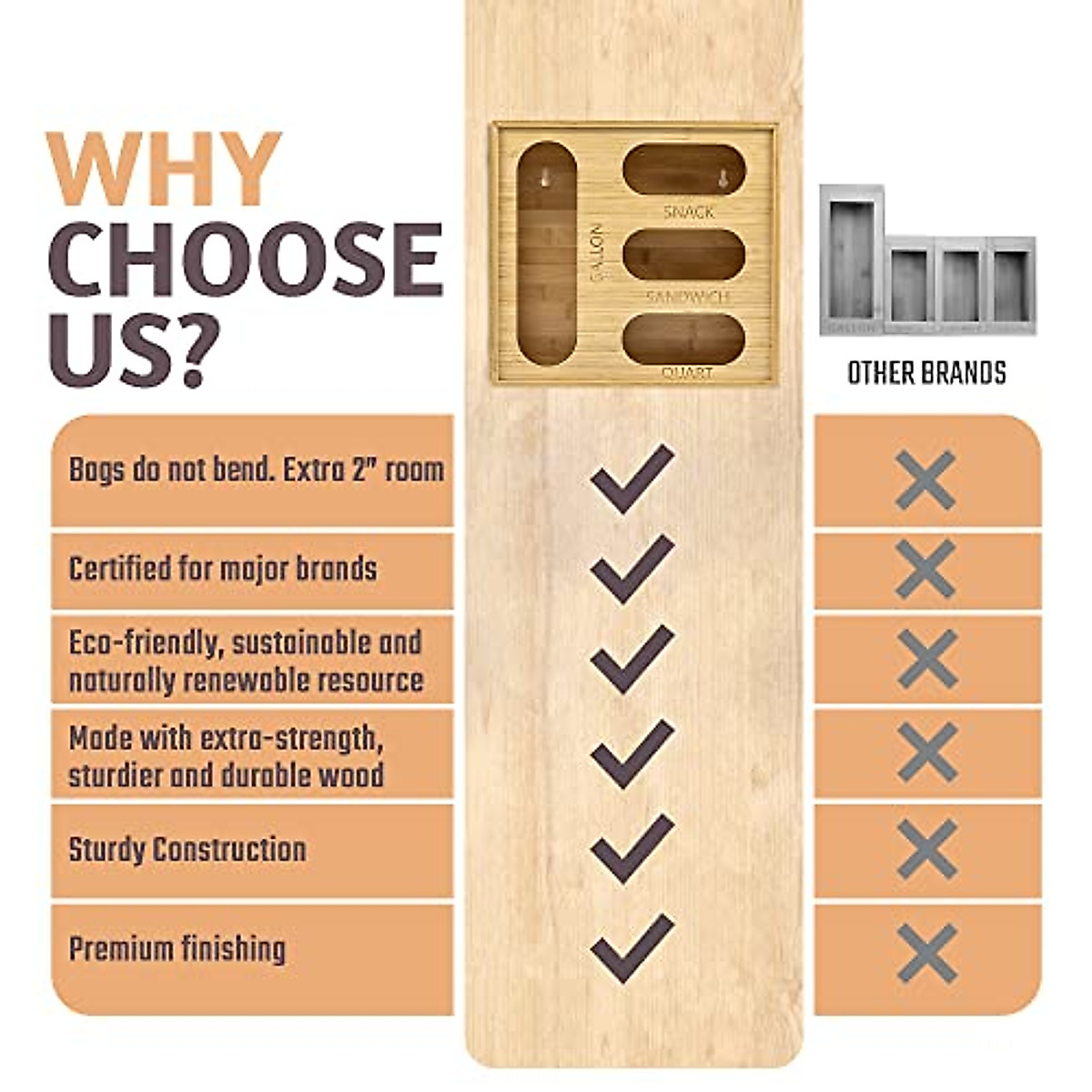 Bhouma - Ziplock Bag Drawer Organizer with Sliding door, Bamboo Kitchen Drawer Organizer, Drawer Divider for Quart, Snack, Sandwich & Gallon Bags, Kitchen Organizer, 15x15 inch, Rounded Interiors