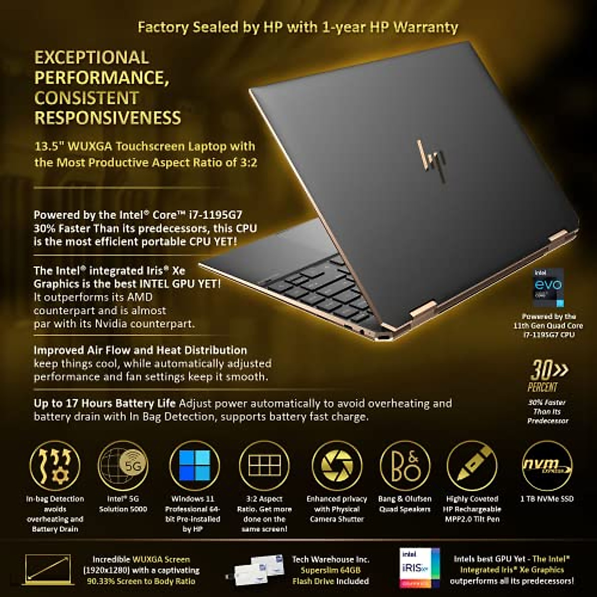 HP Spectre x360 Luxury 14T, 13.5" 3:2 WUXGA Touch, Intel i7-1195G7, 16GB RAM, 1TB NVMe SSD, Intel 5G nanoSim Slot, Fingerprint, Tilt Pen, Black, Win 11 Pro, B&O Audio, 64GB TechWarehouse Flashdrive