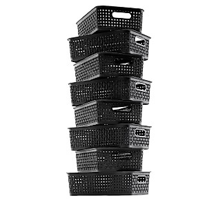[ 8 Pack ] Plastic Storage Baskets - Small Pantry Organization and Storage Bins - Household Organizers for Laundry Room, Bathrooms, Kitchens, Cabinets, Countertops, Under Sink or On Shelves - Black