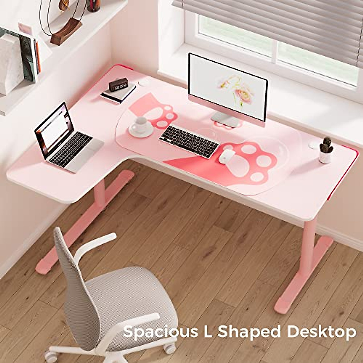 EUREKA ERGONOMIC Pink L Shaped Gaming Desk, 60 Inch Large Home Office Corner PC Computer Table Study Writing Modern Workstation Girls Female Gifts L60 w Mouse Pad Cable Management, Space Saving, Left