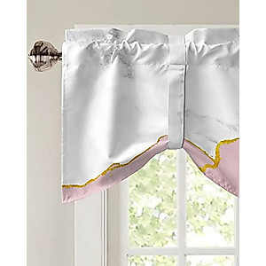 Natural White and Pink Wild Marble Tie Up Valance Curtain for Kitchen-Small Window Shade Valances Adjustable Rod Pocket Windows Treatment for Bedroom Bathroom Gold Line Stone Texture,1 Panel 60x18in