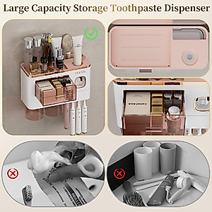 MOPMS Toothbrush Holders, Wall Mounted Toothbrush for Bathroom, Automatic Toothpaste Dispenser Squeezer with Magnetic Cups, Tooth Brushing Holder Drawer Storage Organizer Space Saver-2 Cups White