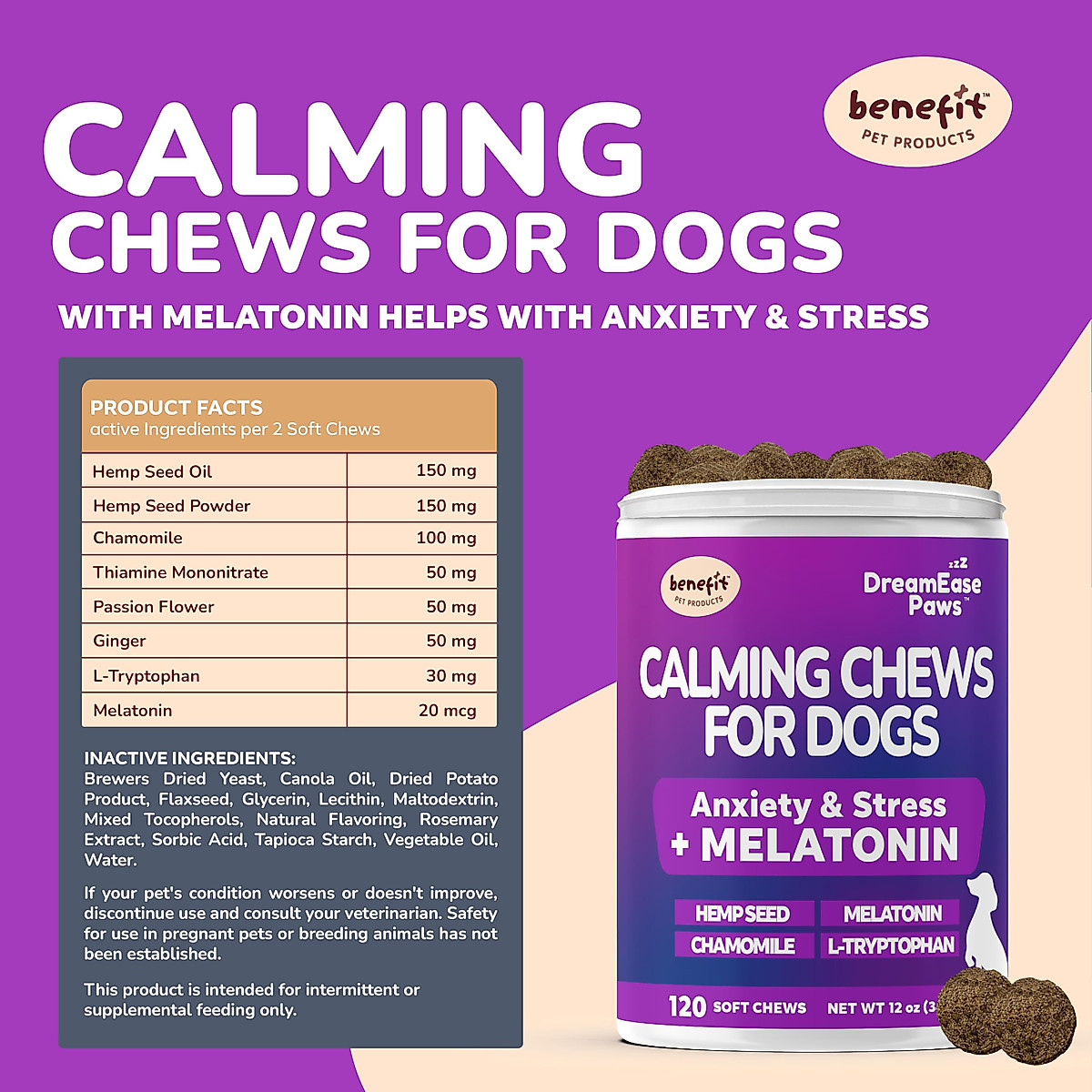 Calming Chews for Dogs - Dog Calming Chews for Separation, Dog Anxiety Relief Treats, Dog Sleep Support - Chamomile, and Melatonin for Dogs - 120 Soft Chews, Made in USA