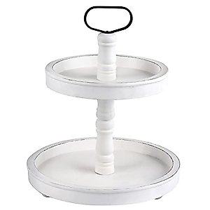 Funly mee Distressed Rustic White Wood Two-Tier Tray with Metal Handle,Decorative Organizer Tray for Kitchen Counter Top or Dining Room Table(White)