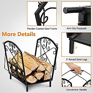 Goplus 14” Small Firewood Rack, Indoor Outdoor Decorative Firewood Storage Carrier Log Rack with Handles, Elegant Patterns & Raised Legs, Heavy Duty Firewood Holder for Fireplace, Fire Pit