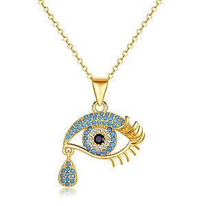 PAENENPH Solid 14K Gold Over 925 Silver Moissanite Evil Eye Pendant Necklace for Women,Dainty Blue Evil Eye Tear Drop Choker Necklace,Fashion Christmas Jewelry Gift for Her (Yellow Gold, 14K Gold)