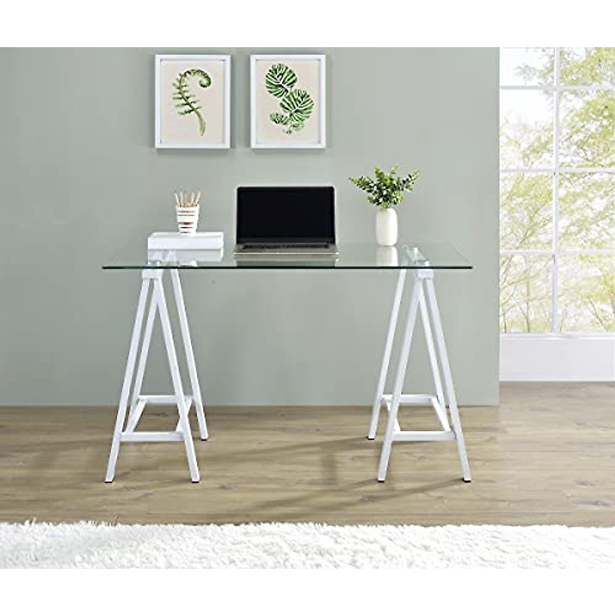 OSP Home Furnishings Middleton 47 Inch Desk with Clear Beveled Glass Top, White Base