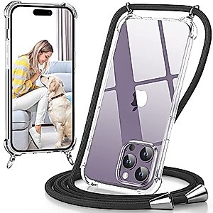 caslord iPhone 14 Pro Crossbody Case, iPhone 14 Pro Case with Strap, Necklace Mobile Phone Cover with Adjustable Lanyard Strap, Clear Soft TPU Lanyard Case with Neck Cord (Black)