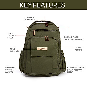 JuJuBe Diaper Bag, Travel Backpack with Portable Changing Pad, Stroller Hooks & Pockets for Baby Bottles, Diapers, Pacifier, Wipes, Snacks, & Daily Essentials, Mommy Carrier, Be Right Back - Olive