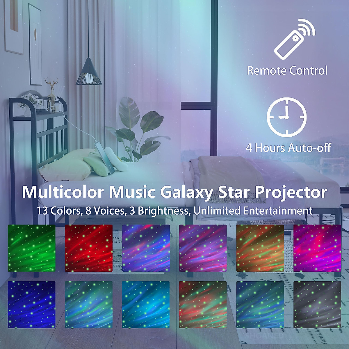 SHOANED Full Size Metal Bed Frame - 18 Inch Heavy Duty Bedframe with Headboard & Charging Station Basic Steel Slats Platform with Galaxy Aurora Projector No Box Spring Needed