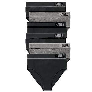 Hanes Women's Originals Hi-Leg Underwear, Seamless Rib Bikini, Assorted Colors, 6-Pack, 4 Black/2 Heritage Grey Marle, 2X Large