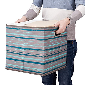 HSDT 13 inch Collapsible Storage Cubes Bins Teal Stripes Fabric Storage Boxes Foldable Cube Inserts Storage Grey Printed Folding Cloth Storage Baskets Drawer Organizer ,QY-SC05-3
